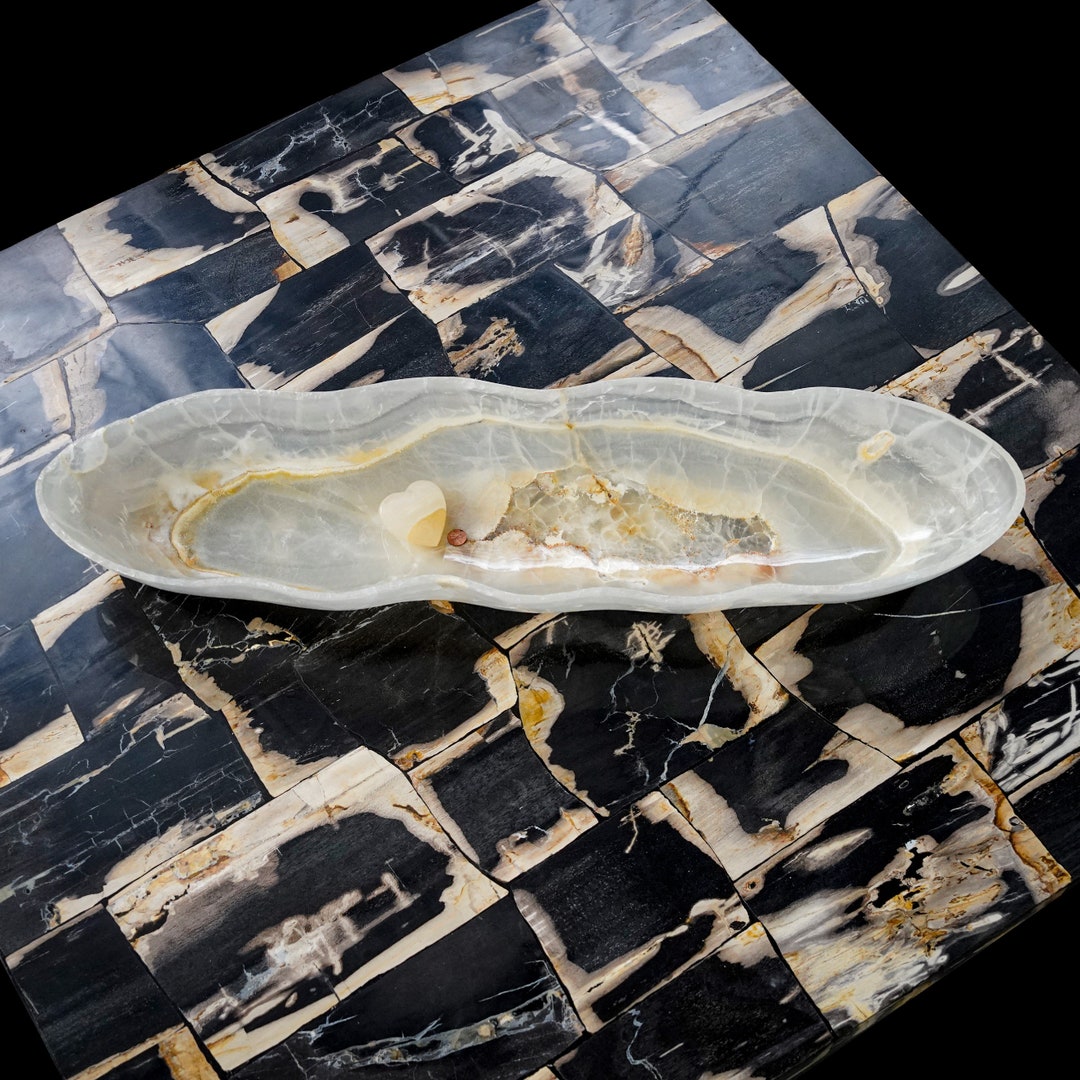Translucent Onyx Canoe Bowl: Polished Stone Trough With Raw Edge - Etsy