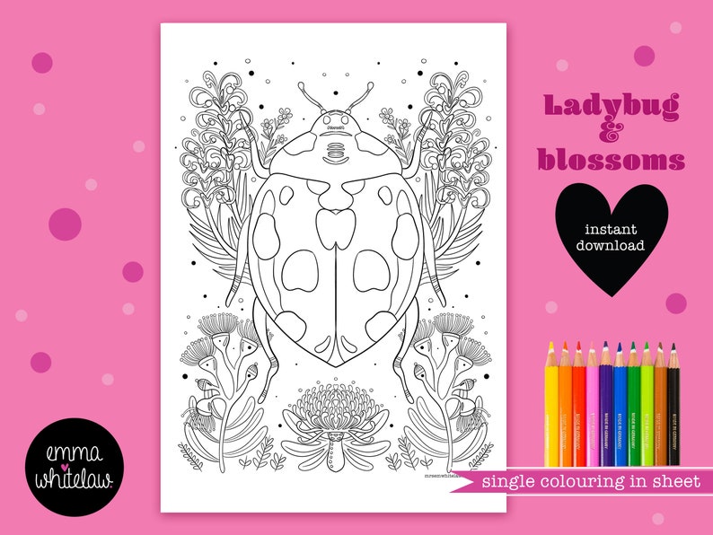 Ladybug Coloring Page: Floral Beetle Drawing (JPG Digital Download) - Etsy
