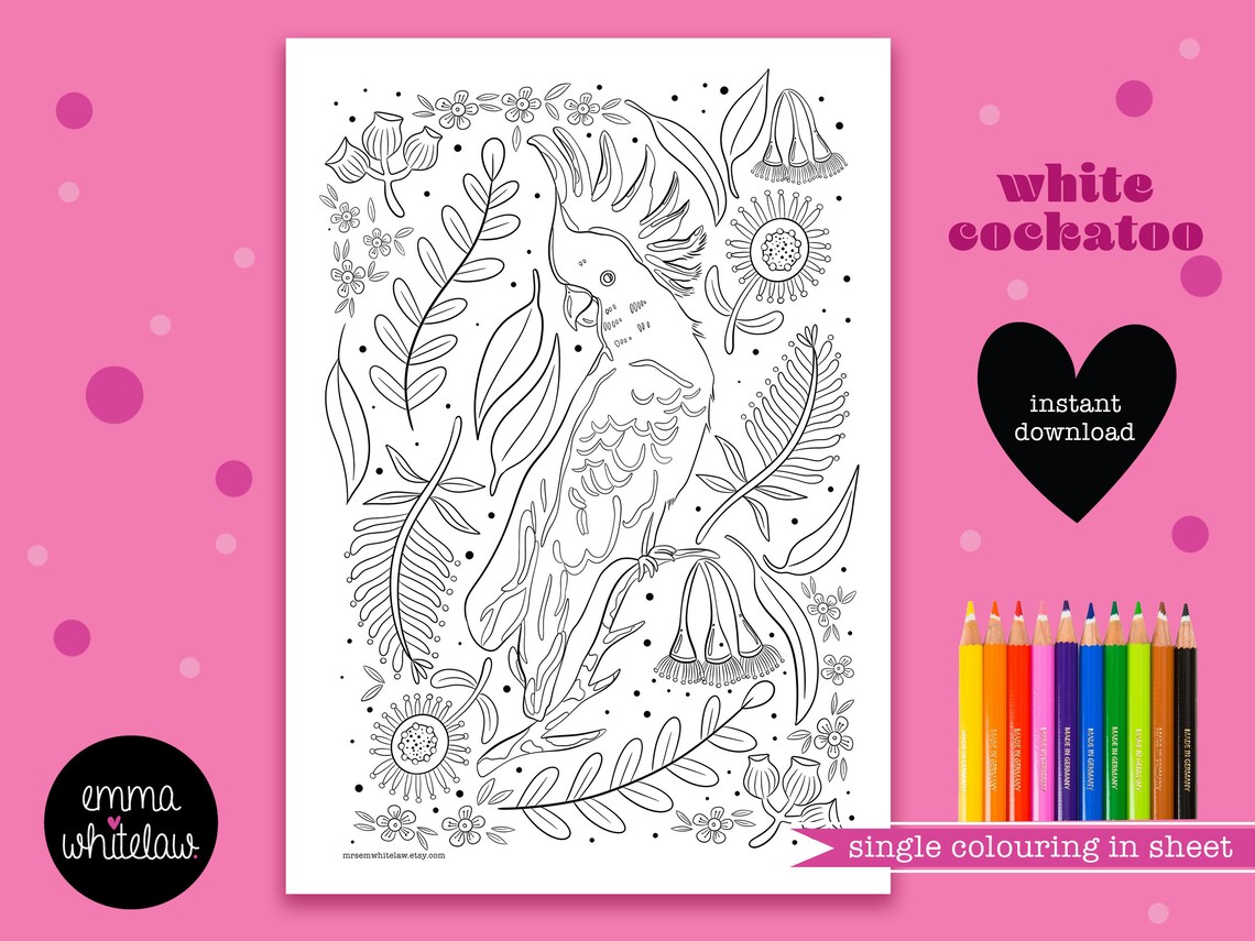 Printable Colouring in Page White Cockatoo Drawing JPG - Etsy