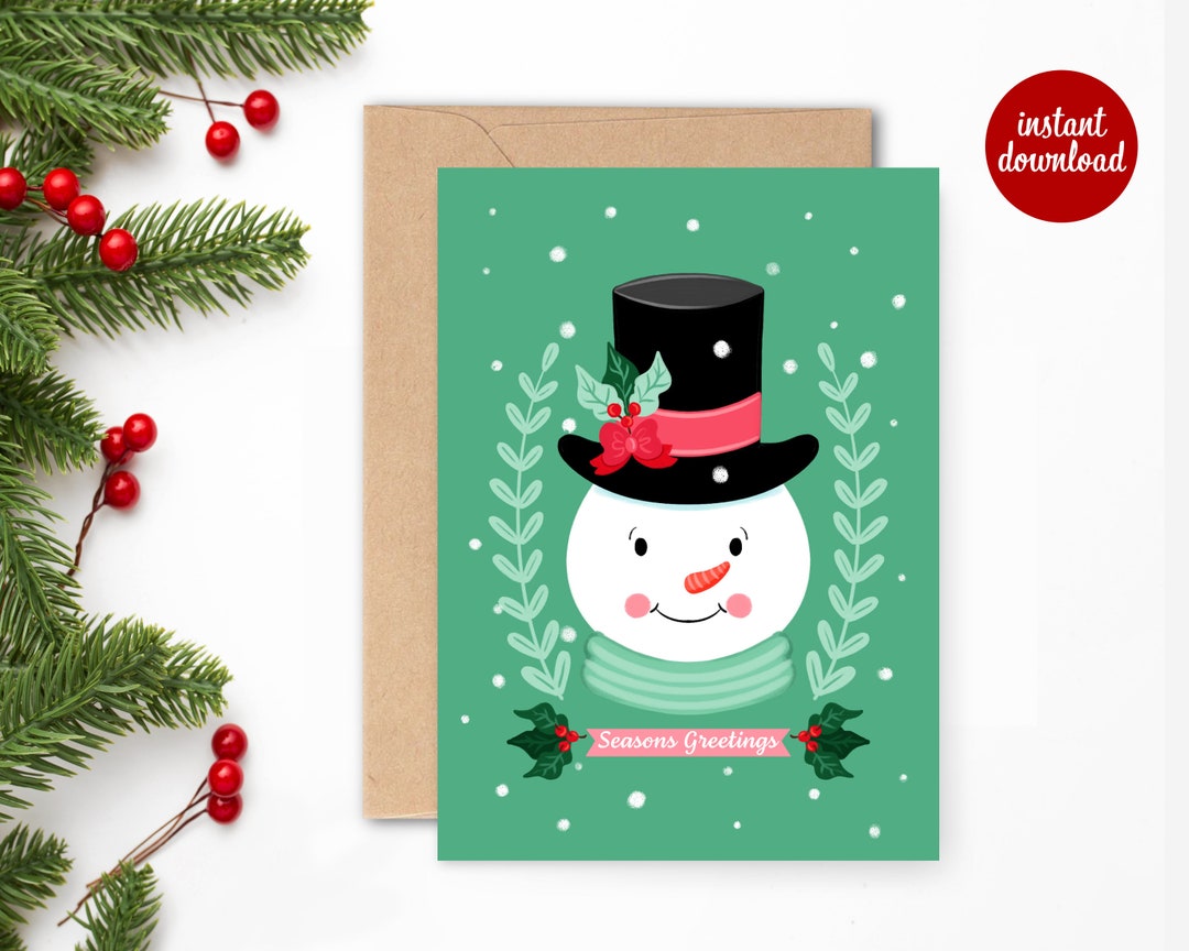 Printable Cute Christmas Cards, Illustrated Snowman Card, Seasons ...