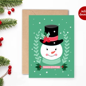 Printable Cute Christmas Cards, Illustrated Snowman Card, Seasons ...
