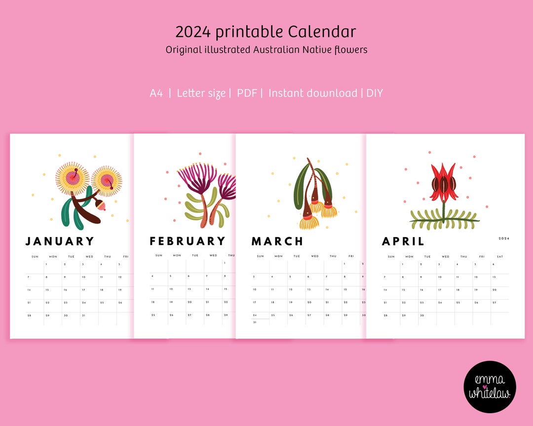 2024 Printable Calendar, Illustrated Australian Flowers, Vertical ...