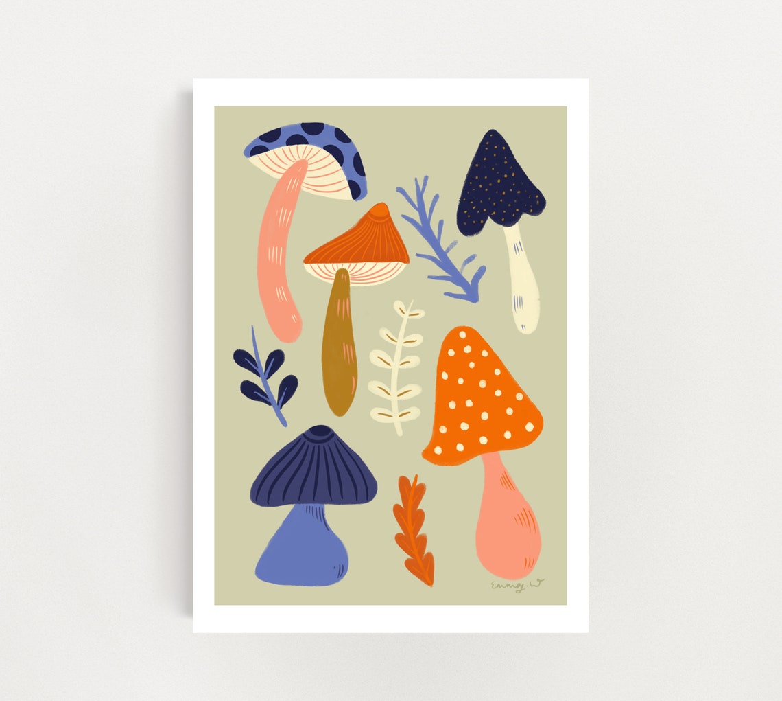 Autumn Mushroom Art Print: Colorful Fungi Illustration (digital ...