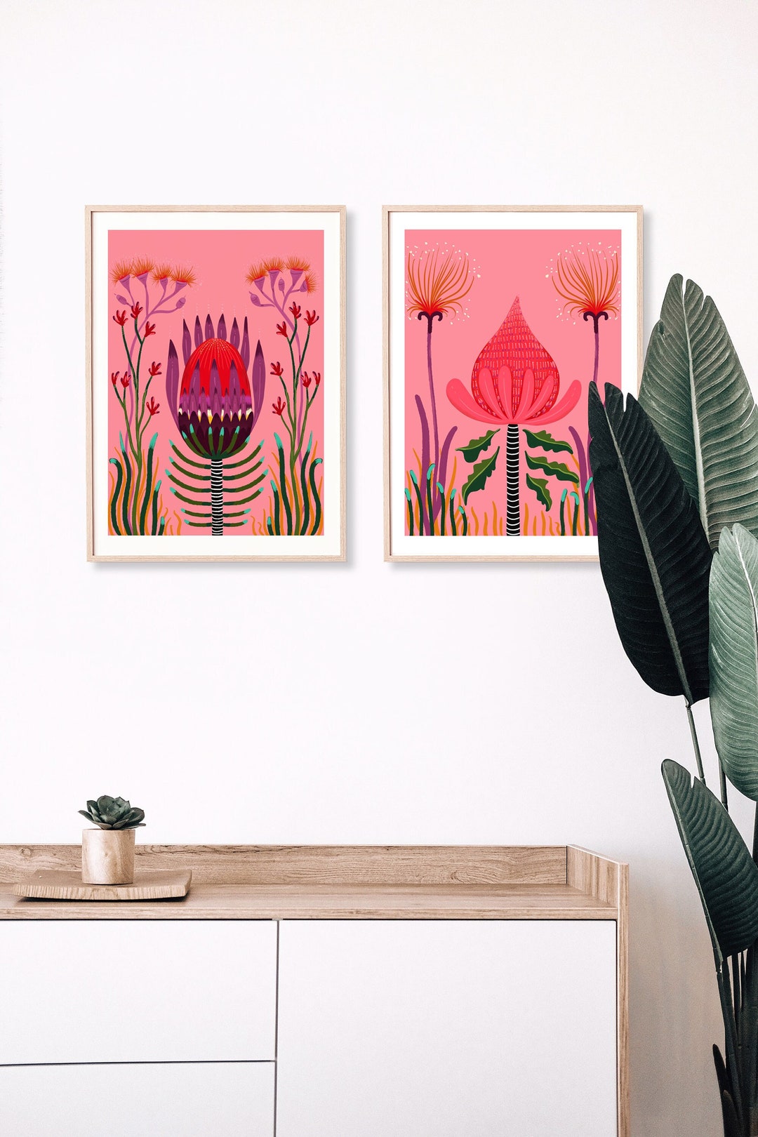 Australian Native Flower Art Print Set: Protea & Waratah (digital ...