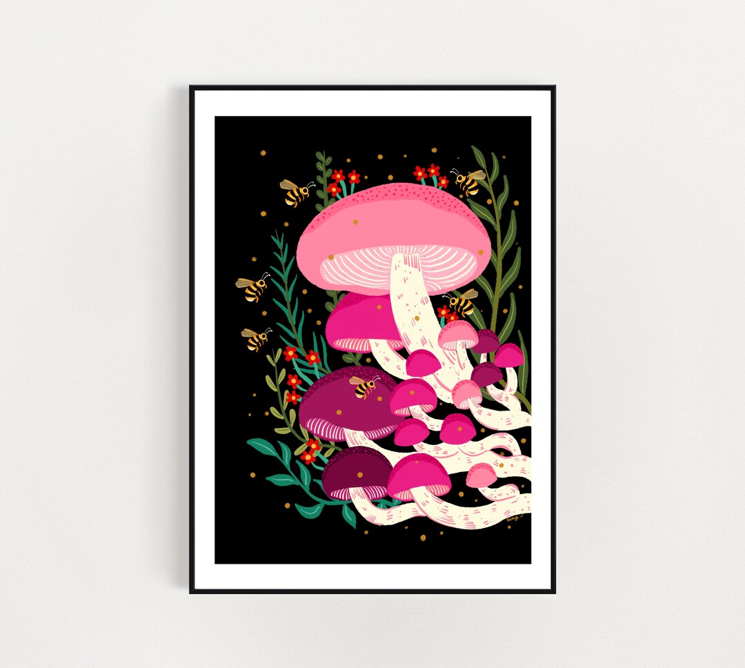 Pink Mushroom Art Print: A4/A3 Whimsical Fungi Illustration (digital ...