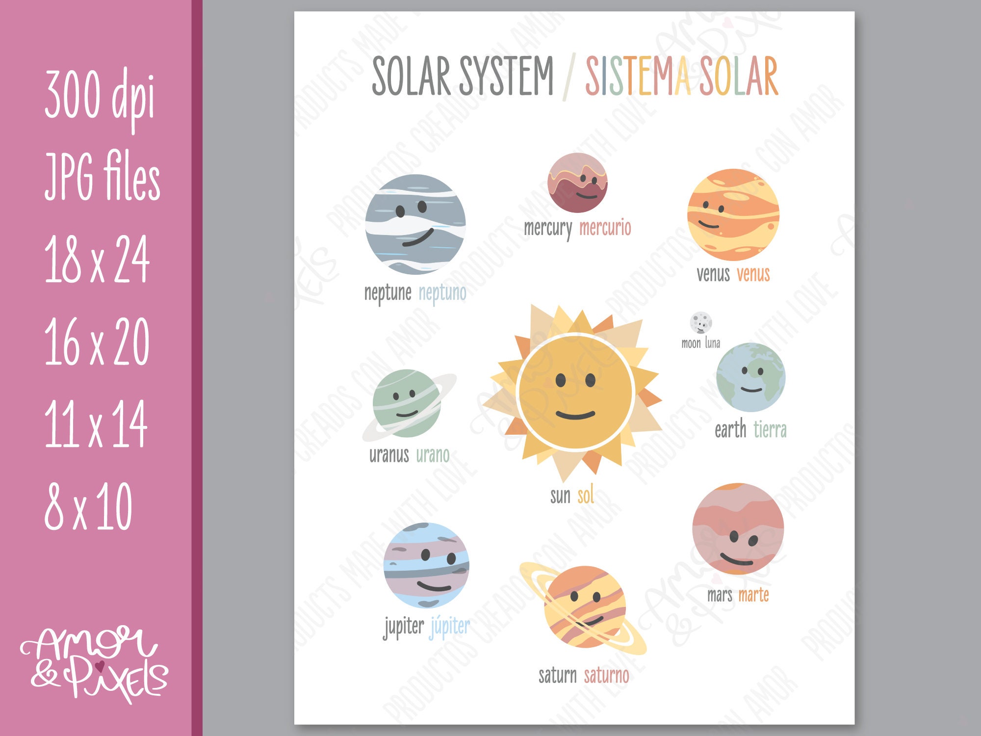 Pastels Solar System Digital Print in English and Spanish for Bedroom ...