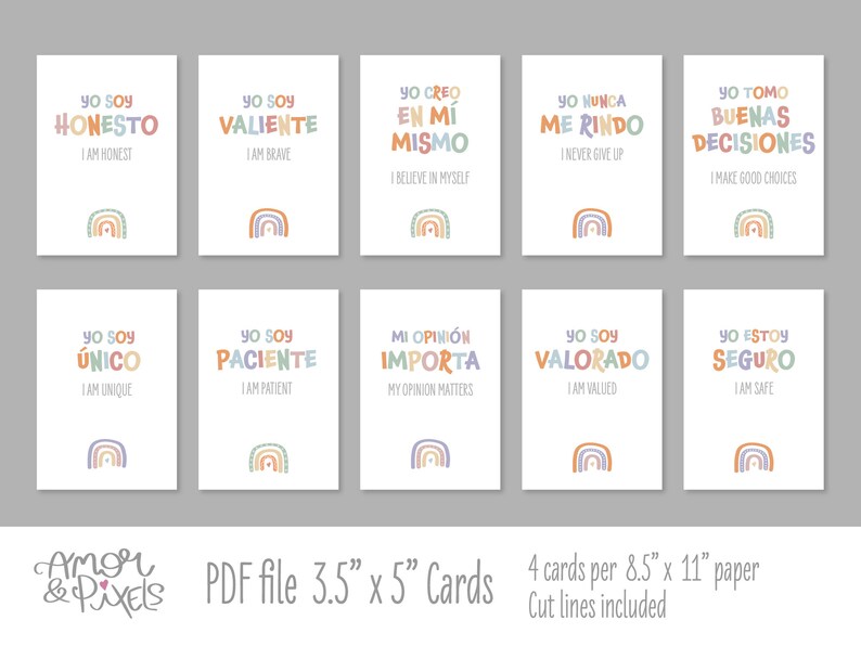 20 Bilingual Affirmation Printable Cards for Children, Spanish ...