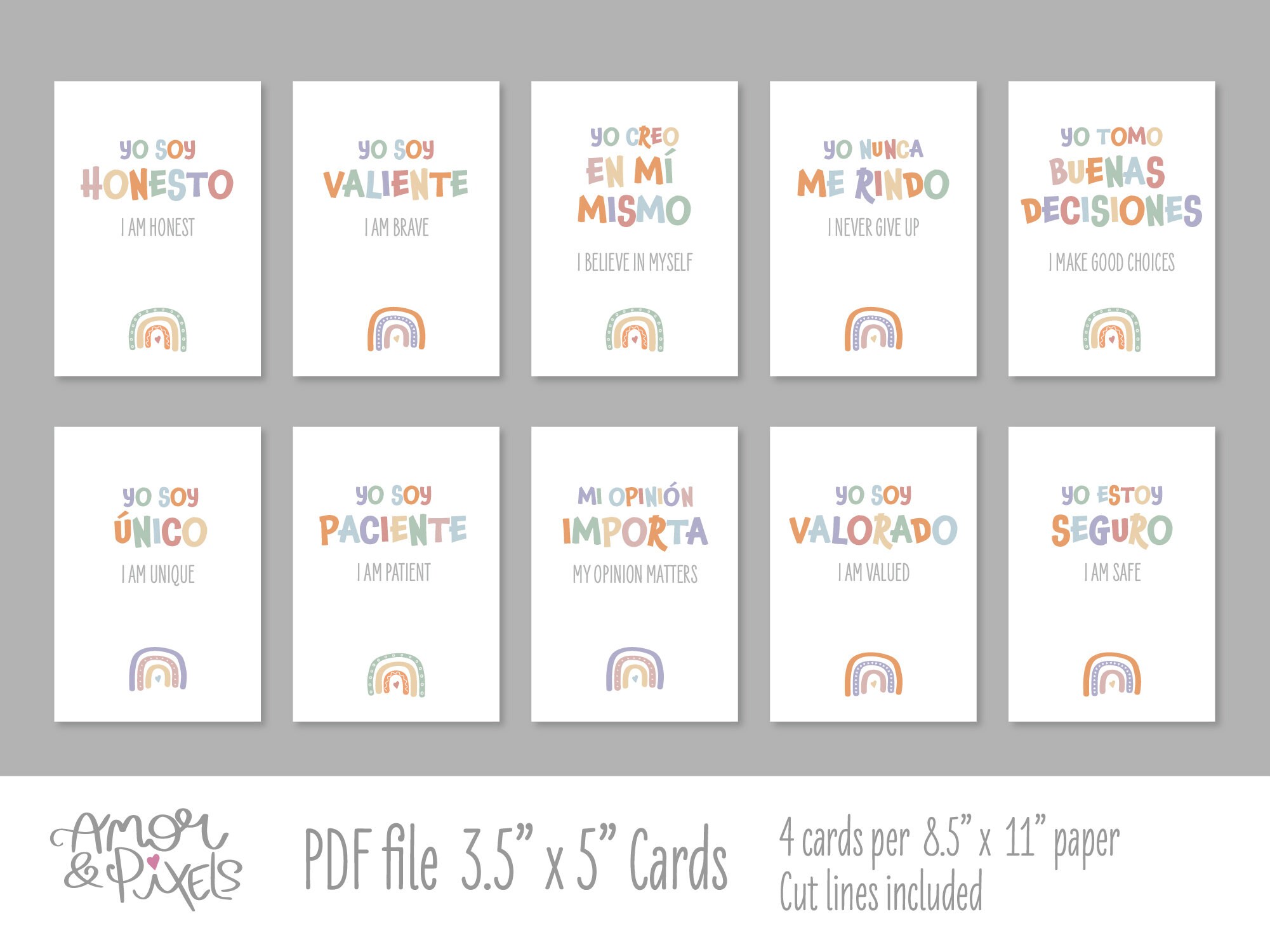 20 Bilingual Affirmation Printable Cards for Children, Spanish ...