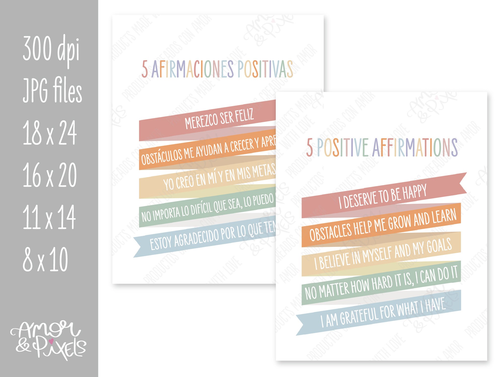 Five Positive Affirmations: English and Spanish Prints for Bedroom ...