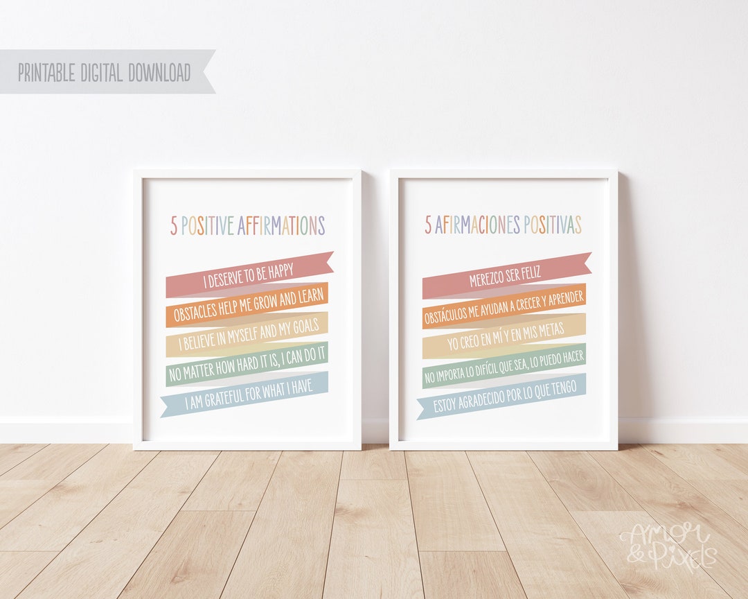 Five Positive Affirmations: English and Spanish Prints for Bedroom ...