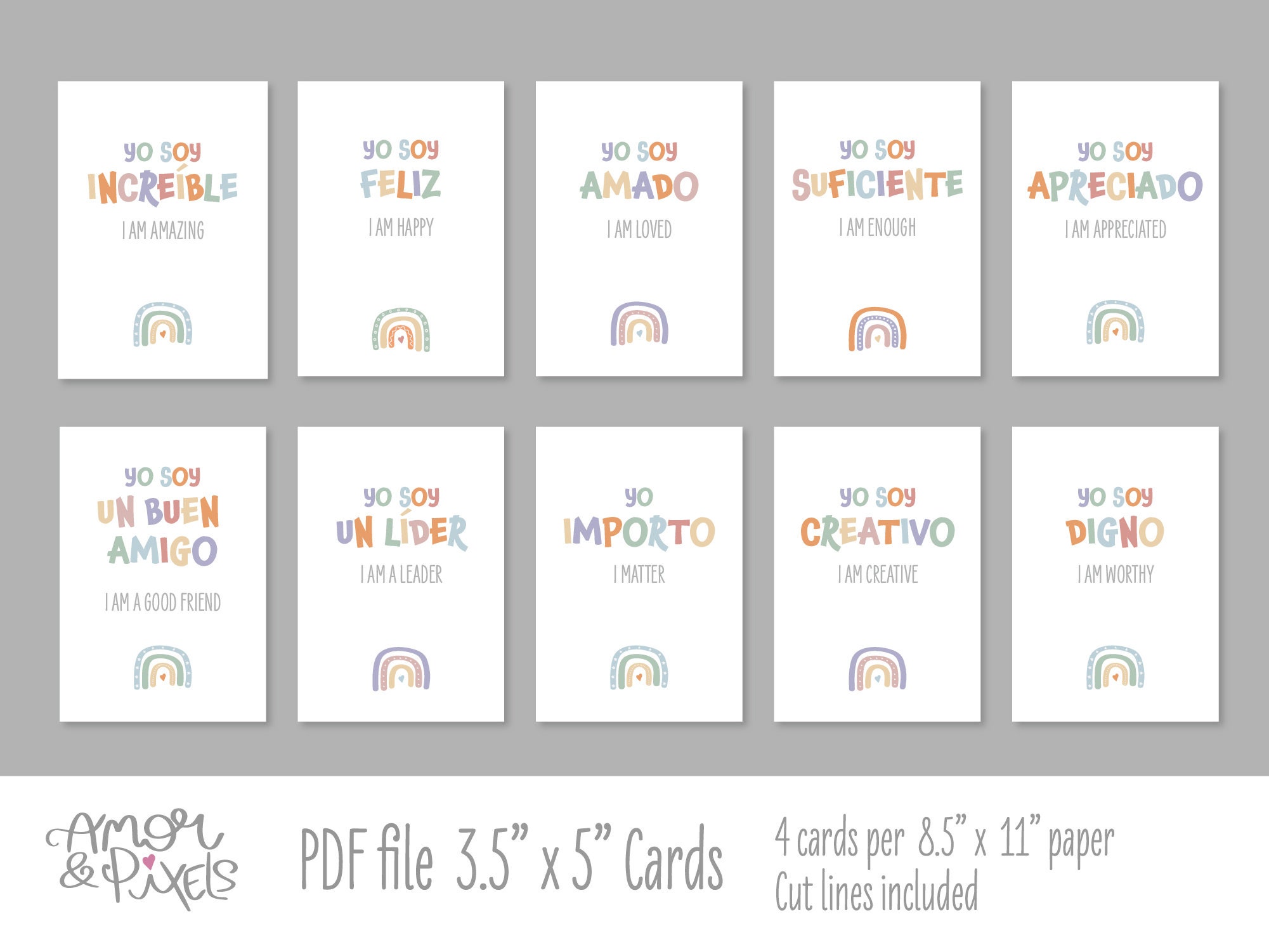 20 Bilingual Affirmation Printable Cards for Children, Spanish ...