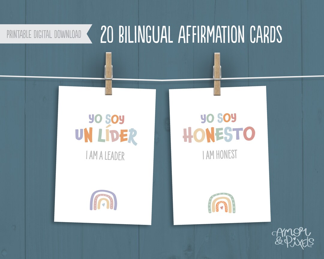 20 Bilingual Affirmation Printable Cards for Children, Spanish ...