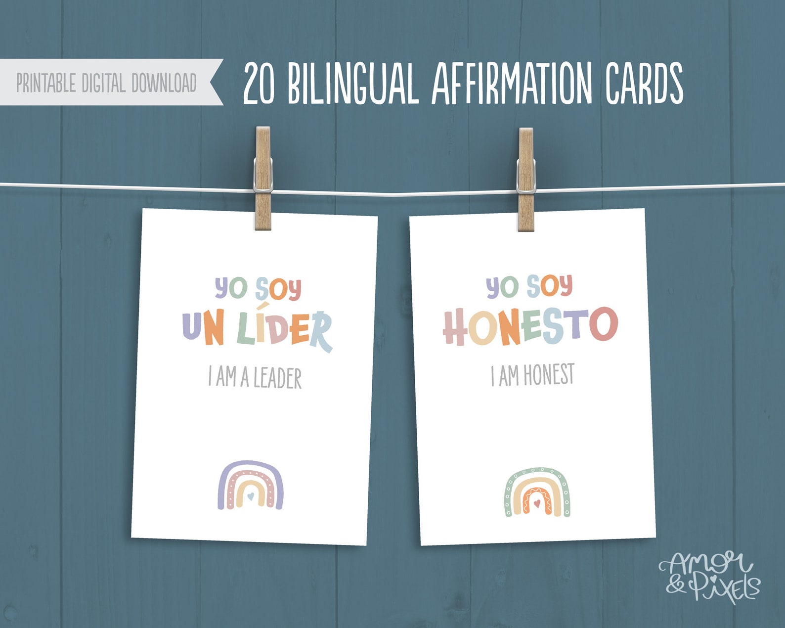 20 Bilingual Affirmation Printable Cards for Children, Spanish ...