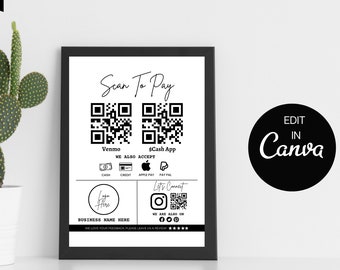 Editable Scan to Pay Sign, Vendor Scan to Pay Sign, Minimalist Printable Payment Sign, QR Code ...