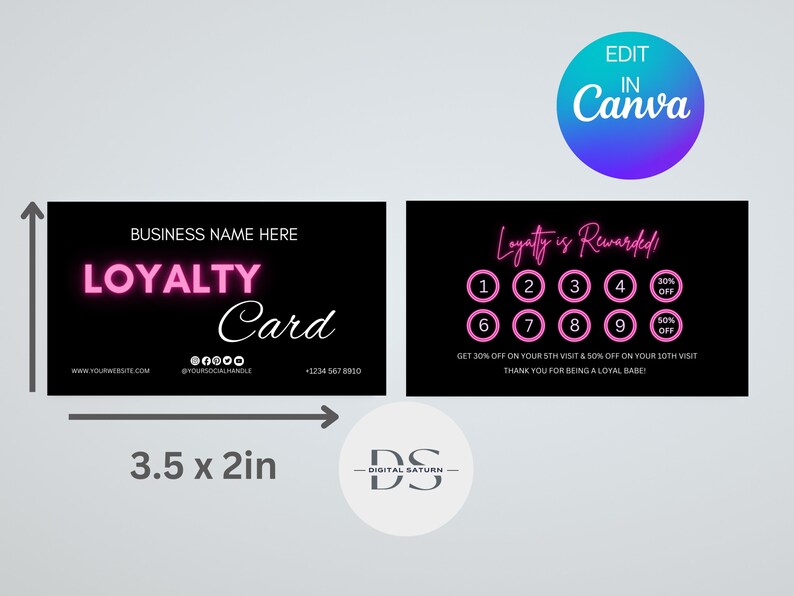 Loyalty Card Template, Pink Neon, Canva Editable, Printable, Chic ...