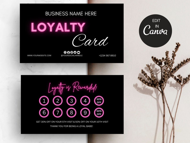 Loyalty Card Template, Pink Neon, Canva Editable, Printable, Chic ...