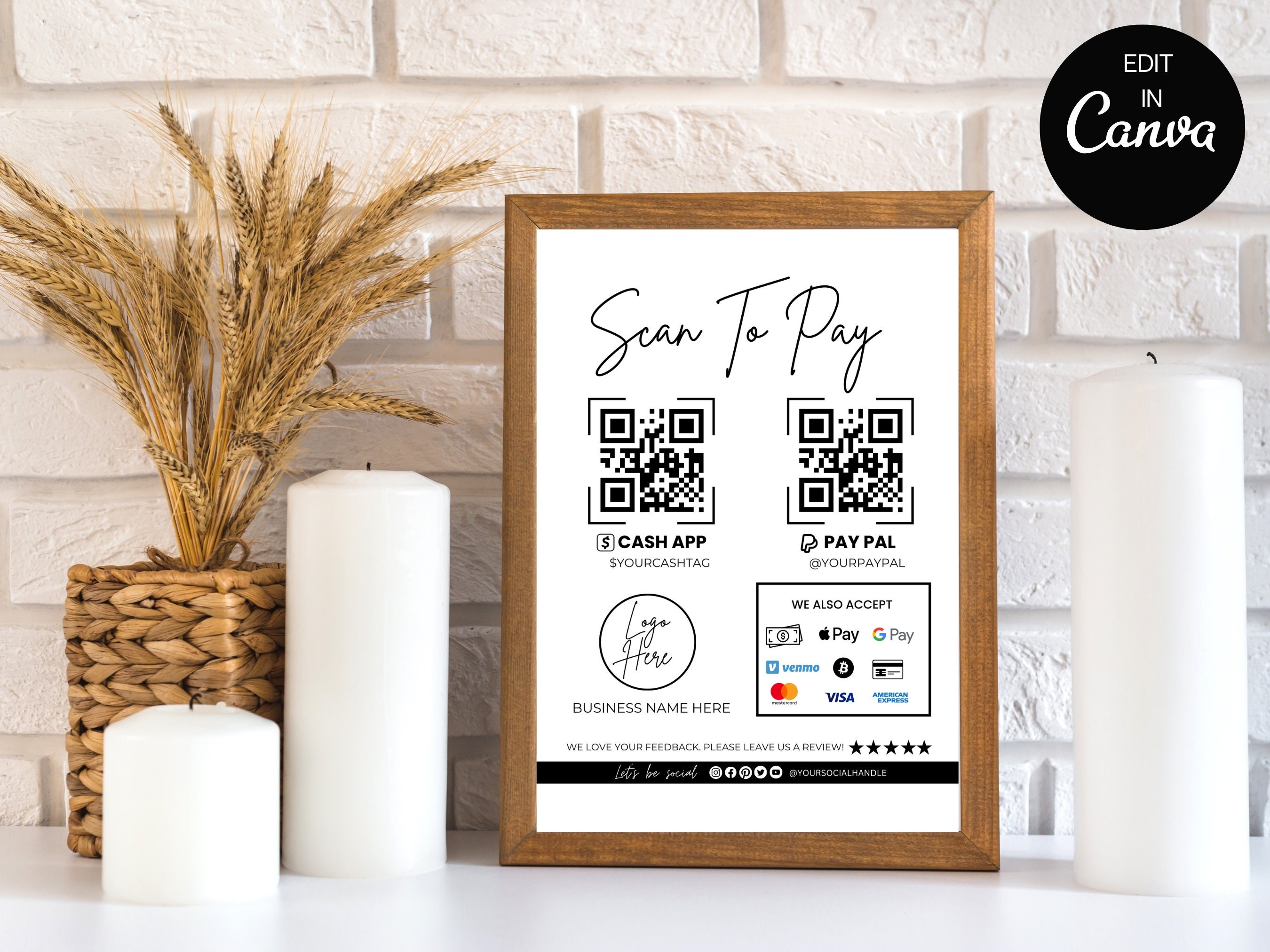 Editable Scan to Pay Sign, Printable Scan to Pay Template, QR Payment Sign for Small Business ...