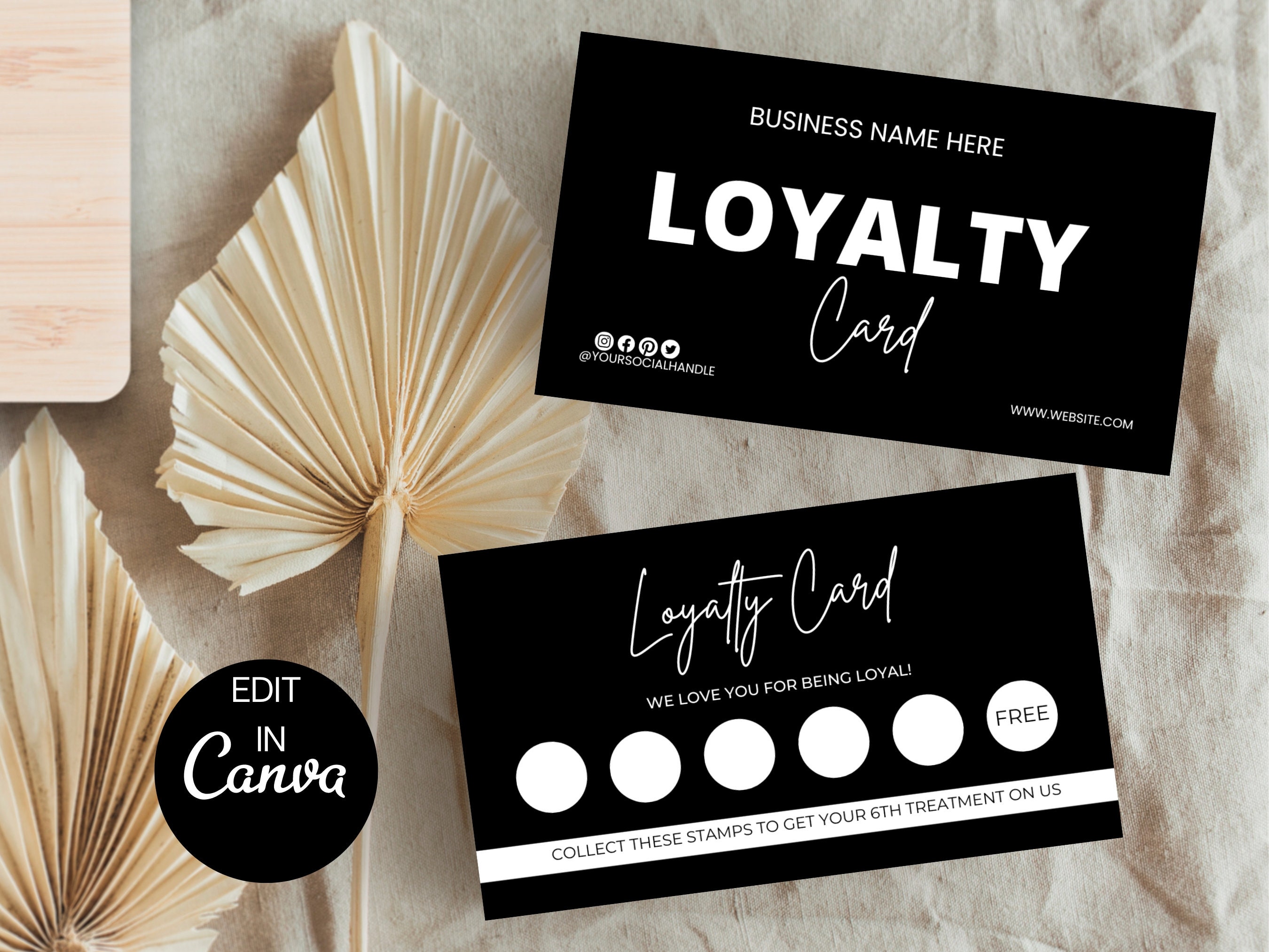 Black Loyalty Card Template, Modern Rewards Card DIY, Printable Loyalty ...