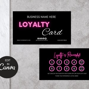Loyalty Card Template, Pink Neon, Canva Editable, Printable, Chic ...