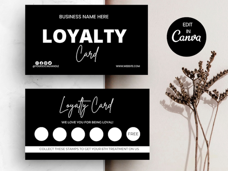 Black Loyalty Card Template, Modern Rewards Card DIY, Printable Loyalty ...