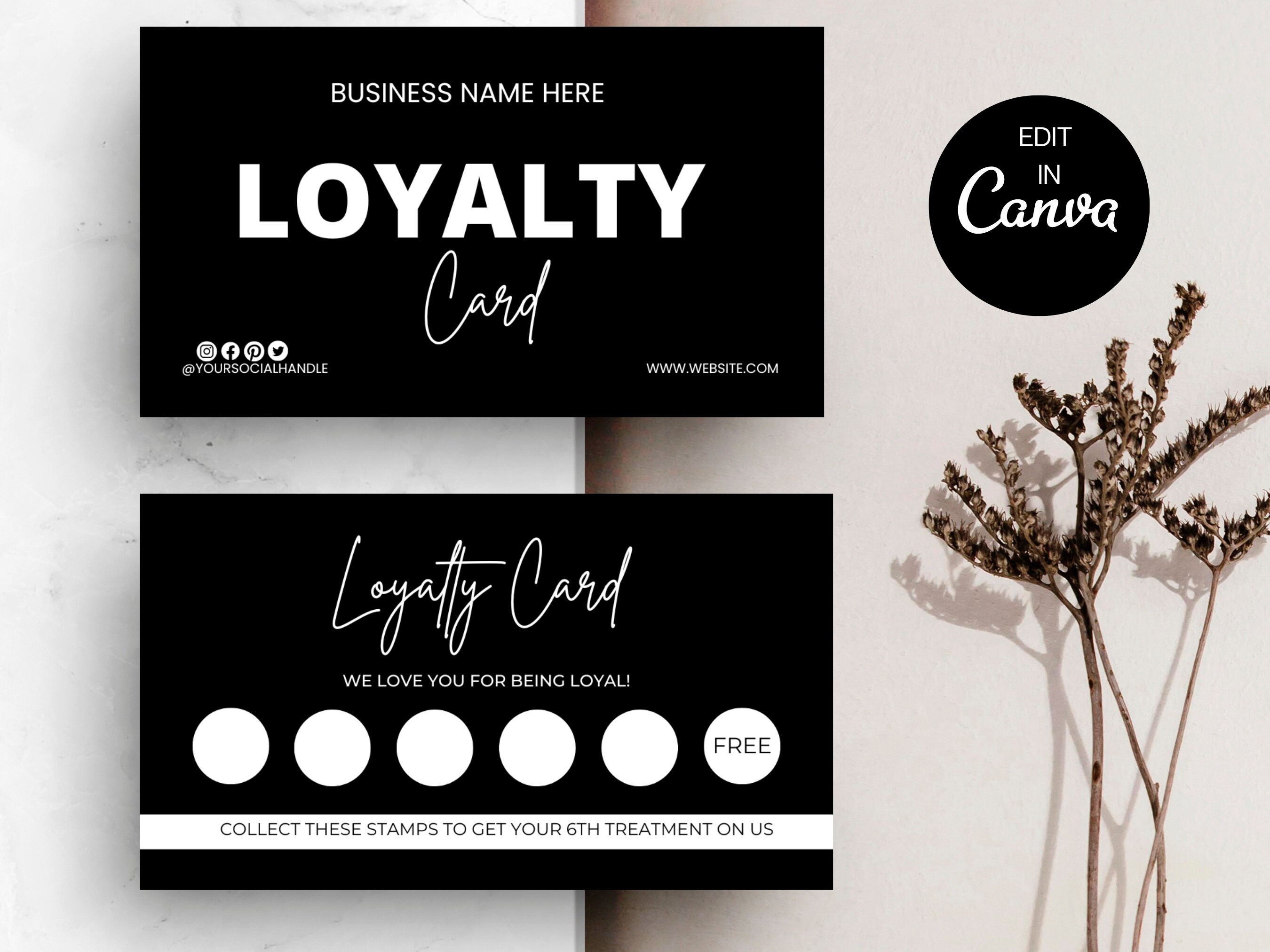 Black Loyalty Card Template, Modern Rewards Card DIY, Printable Loyalty ...