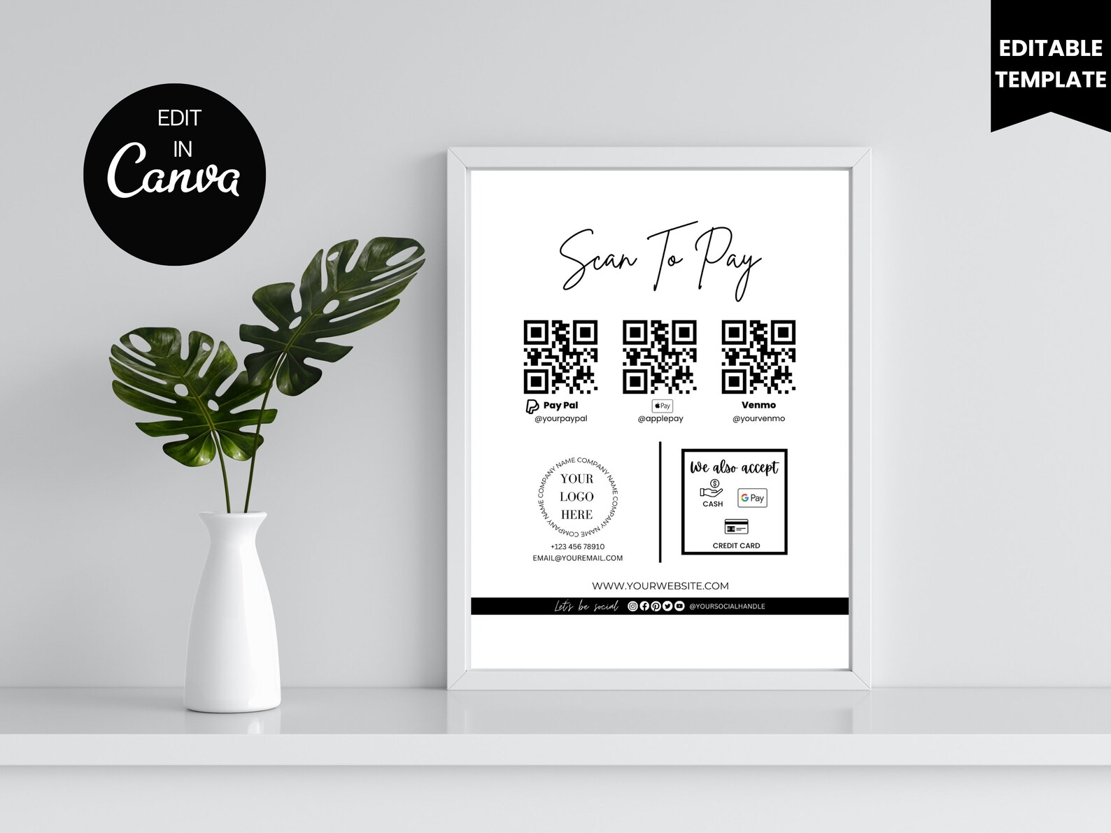 Editable Scan to Pay Card, Editable Canva Template, QR Code Sign Template, Cashapp Paypal Sign ...