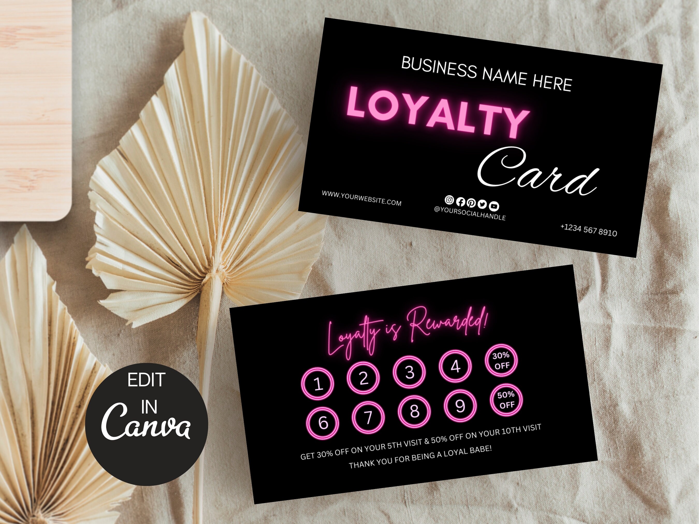 Loyalty Card Template, Pink Neon, Canva Editable, Printable, Chic ...