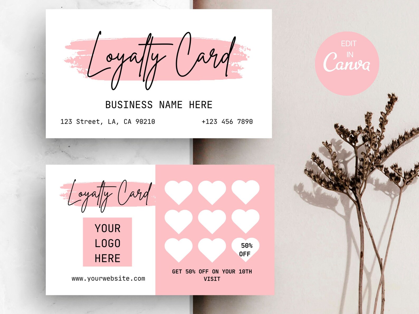 Pink Loyalty Card Template, Canva Editable, Printable Rewards Card ...