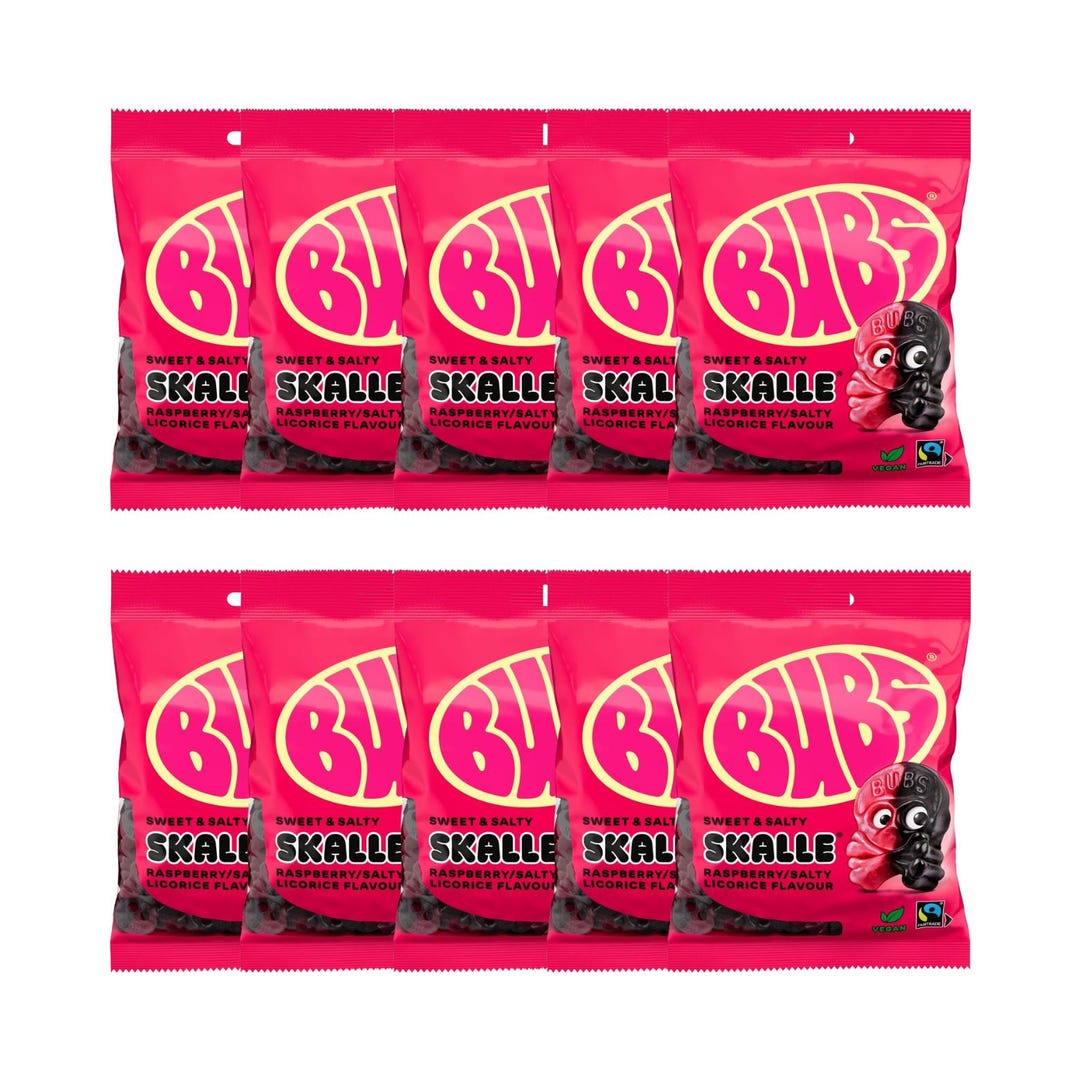 10-pack Bubs Raspberry Licorice Skulls 90g - Vegan Swedish Candy Bags ...