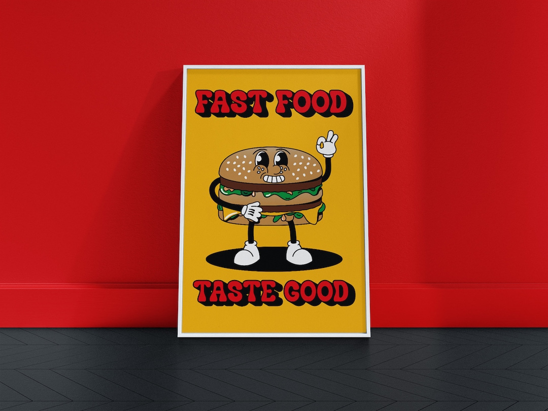 Fast Food Taste Good Digital Poster | Vintage Retro Cartoon Hamburger ...
