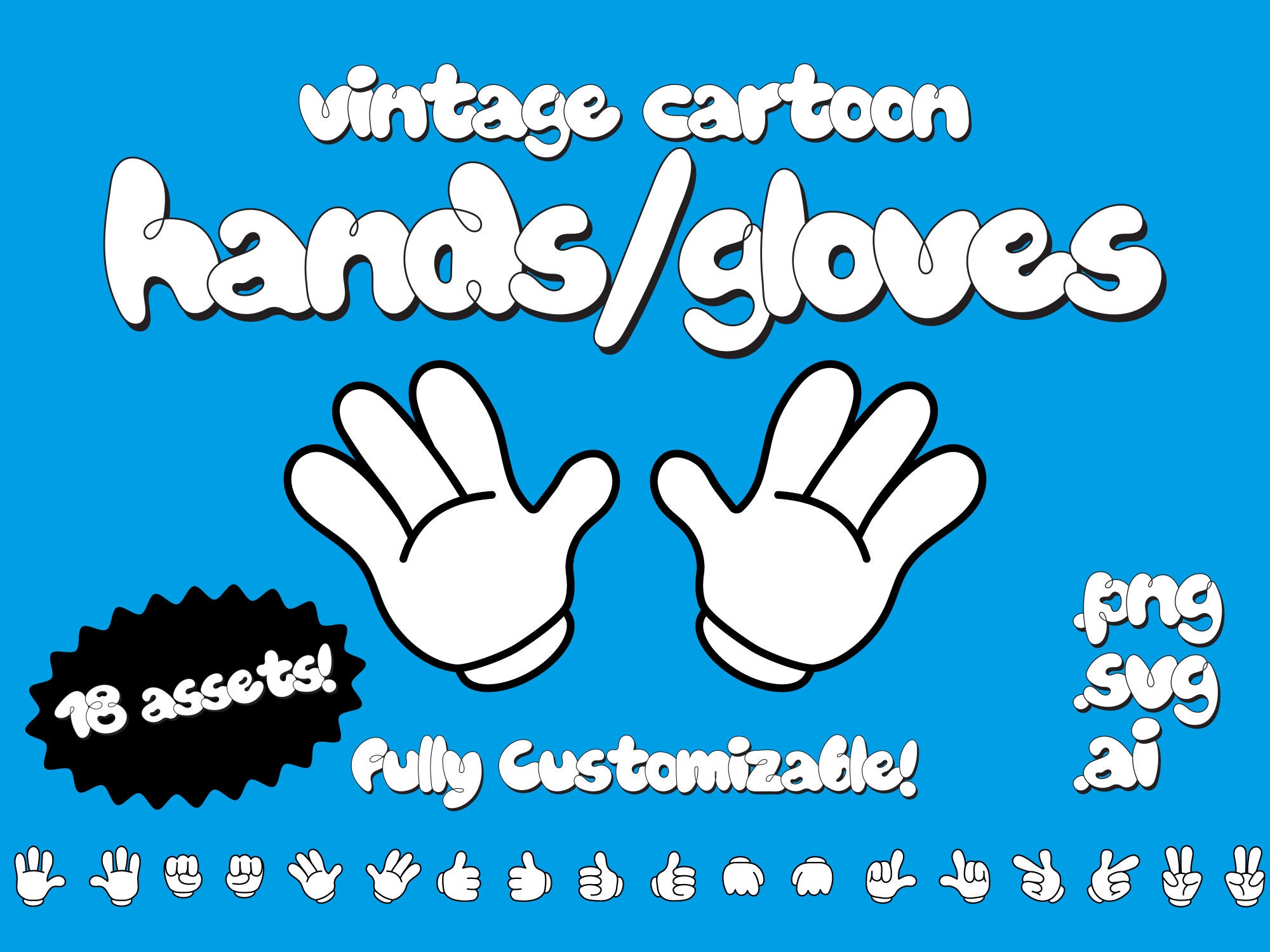 Vintage Cartoon Hands Digital Asset Pack | Hand Drawn Illustrations for ...