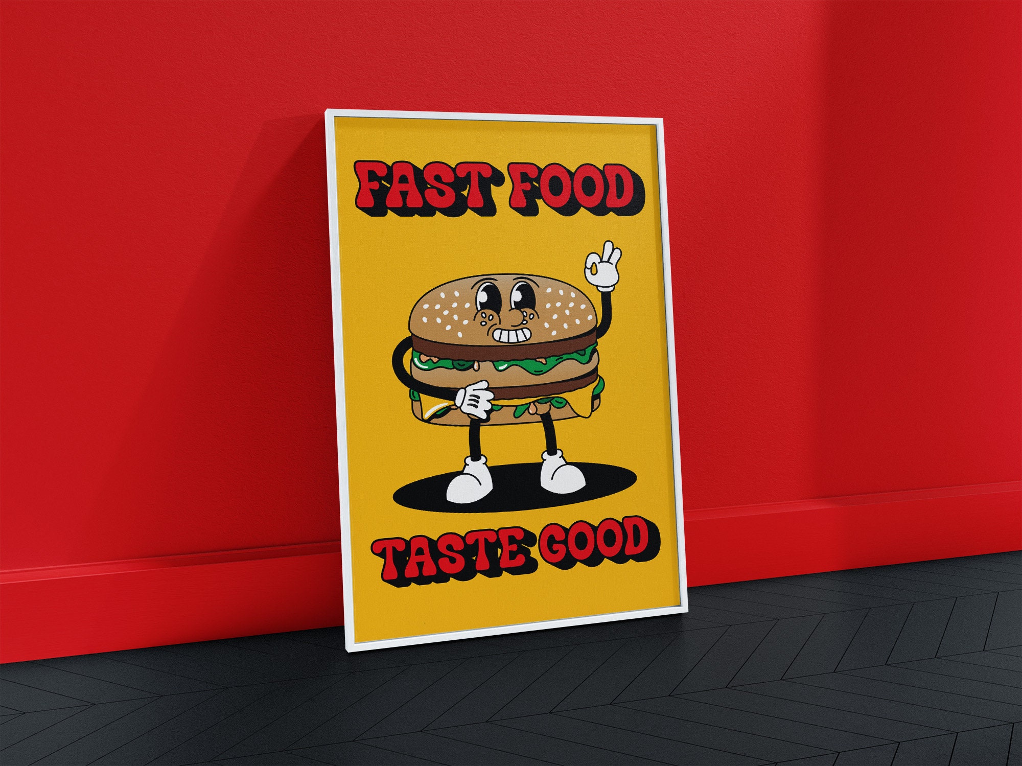 Fast Food Taste Good Digital Poster | Vintage Retro Cartoon Hamburger ...