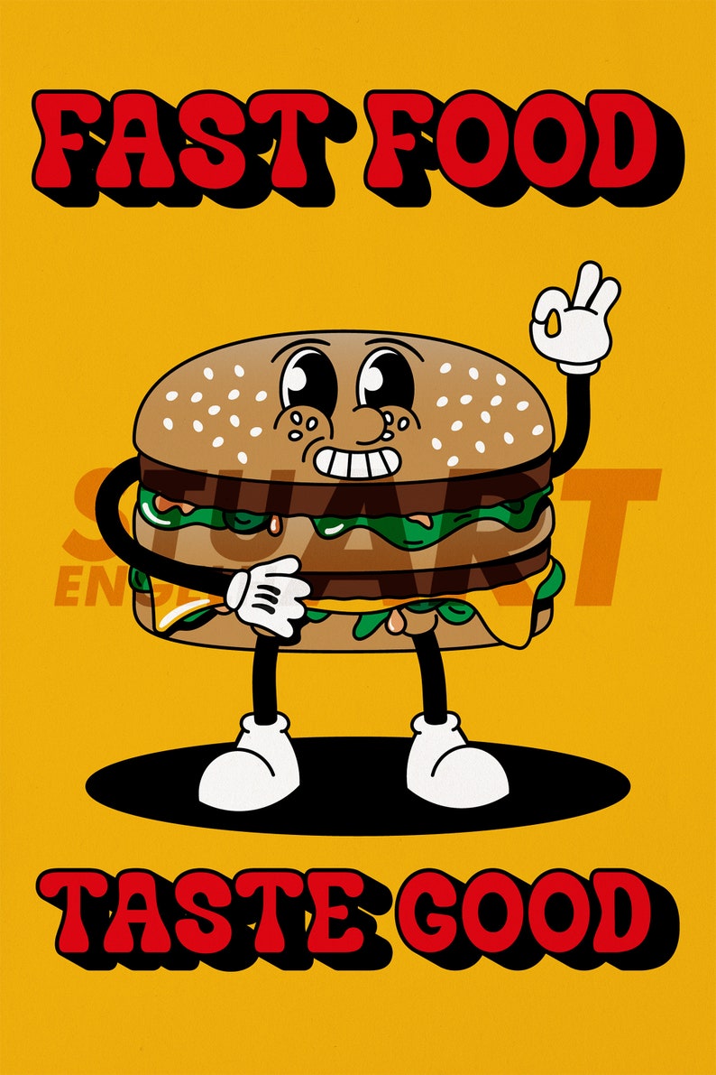Fast Food Taste Good Digital Poster | Vintage Retro Cartoon Hamburger ...