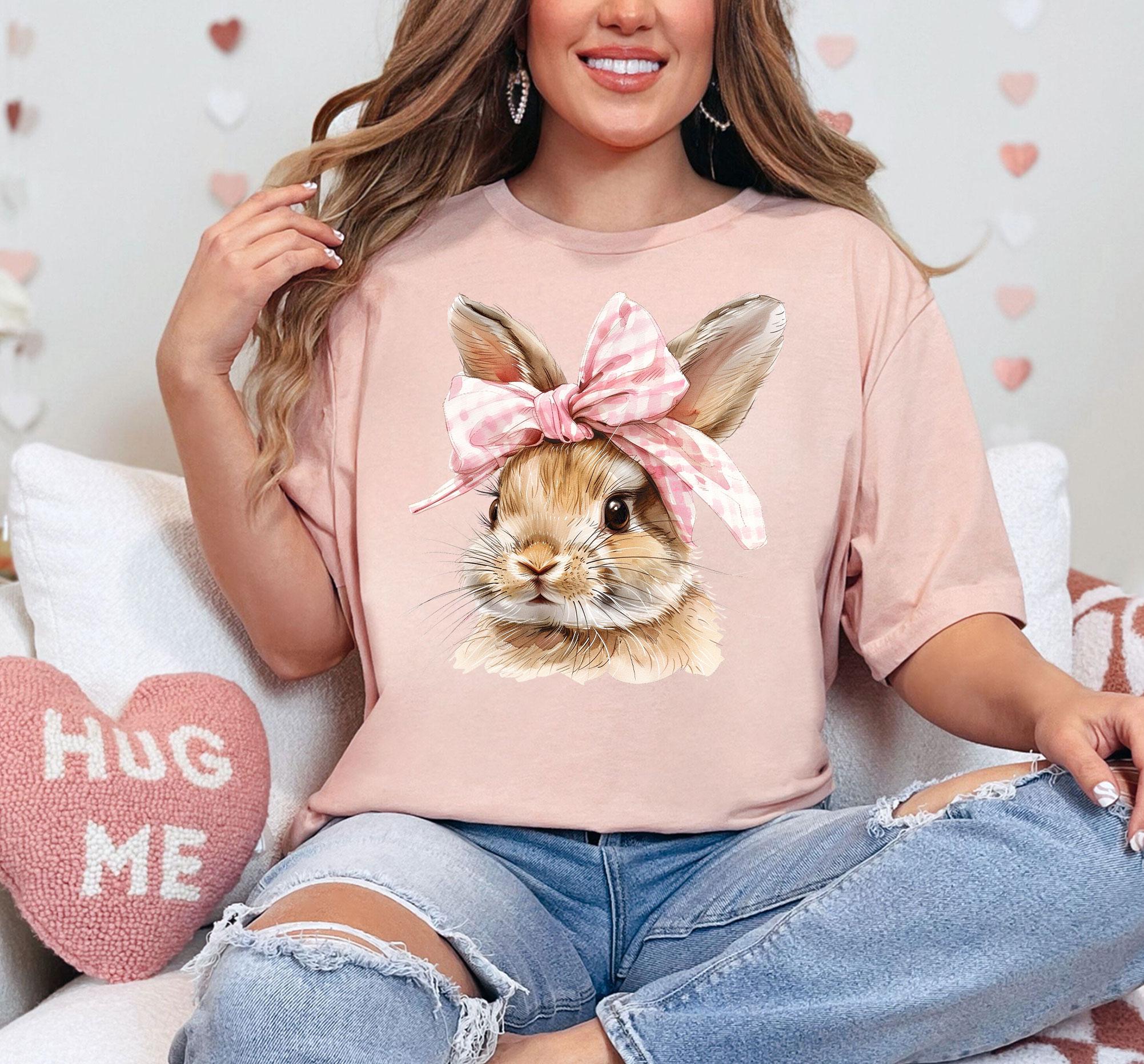 Pink Ribbon Rabbit Shirt, Ladies Easter Bunny Shirts, Watercolor Easter ...