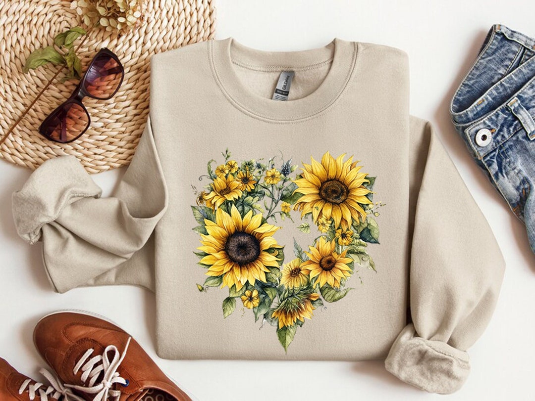 Sunflower Sweatshirts, Floral Long Sleeve Sunflower Sweatshirt, Flower ...