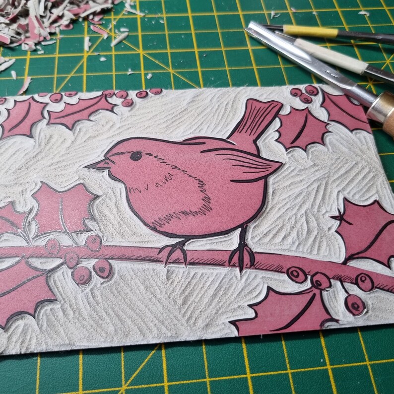 Robin in Holly Original Handmade Linocut and Screenprint - Etsy