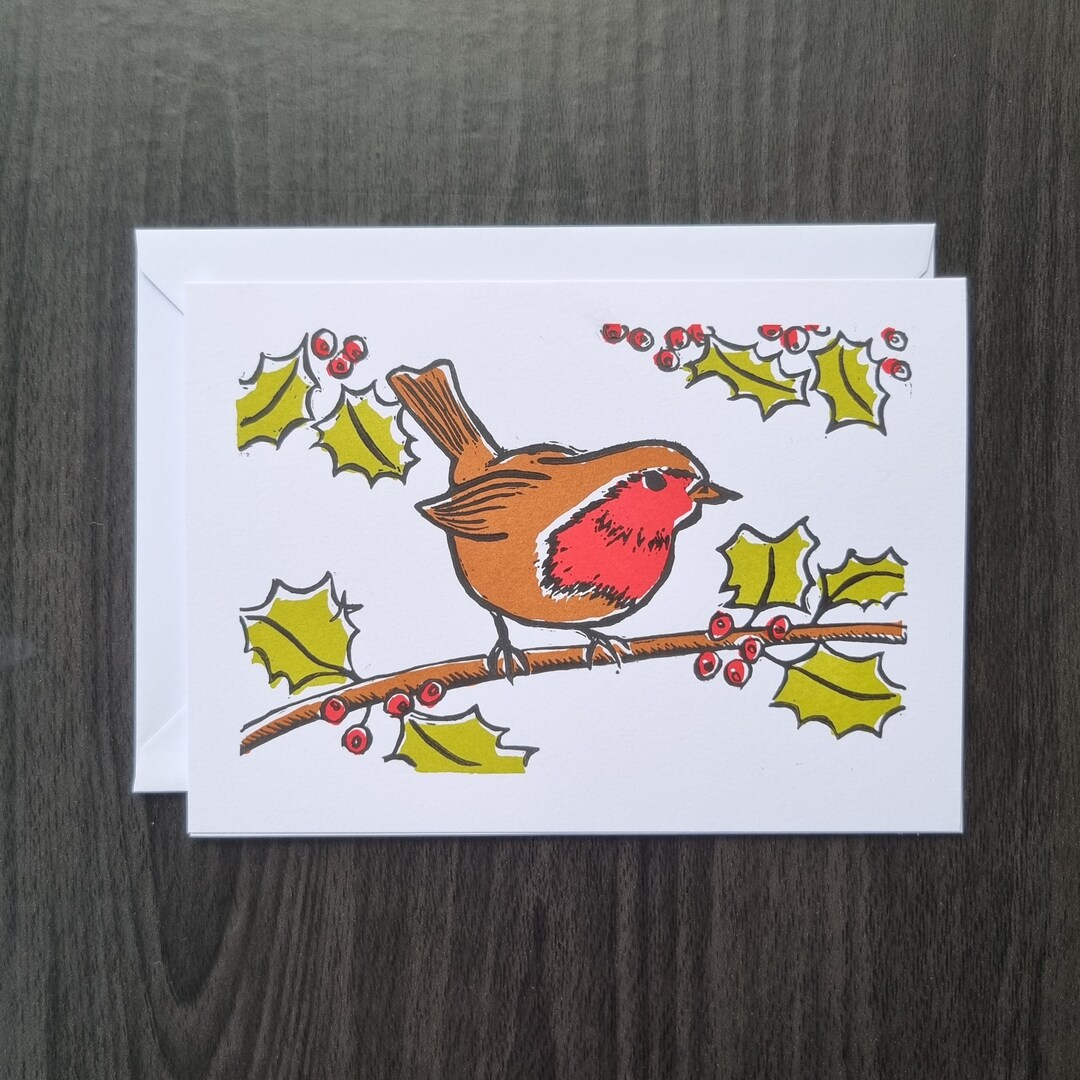 Robin in Holly Original Handmade Linocut and Screenprint - Etsy