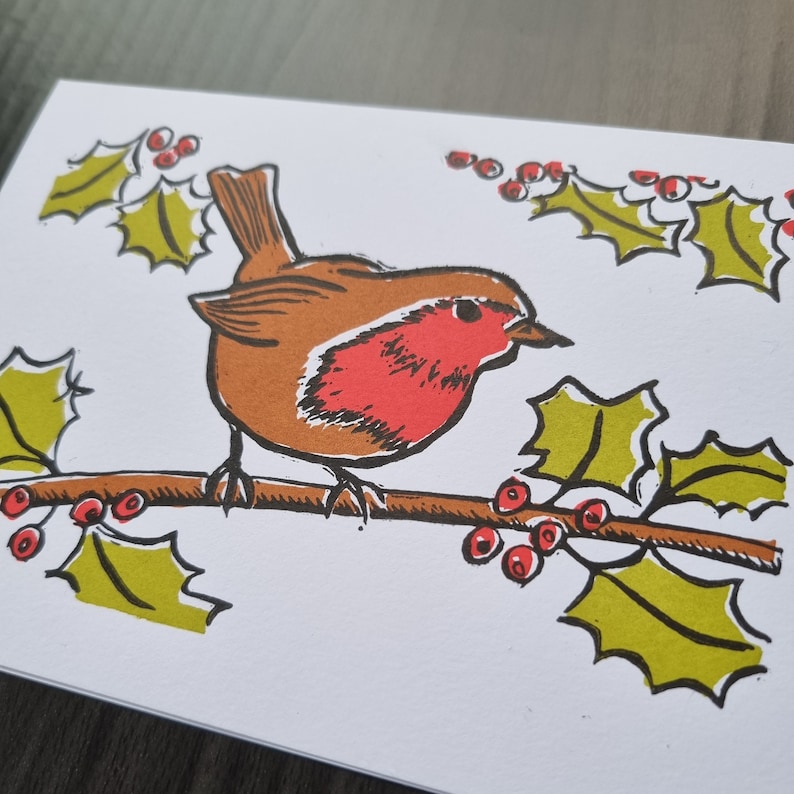 Robin in Holly Original Handmade Linocut and Screenprint - Etsy