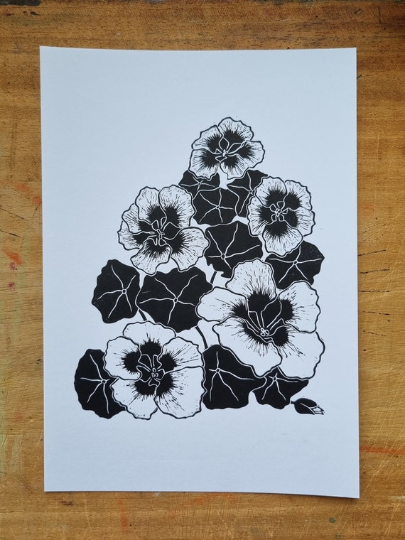 Nasturtium Handmade Linocut Print Original Botanical Wall - Etsy