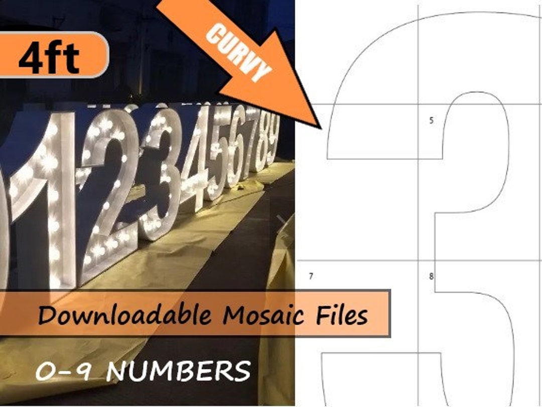 4ft Curvy 0-9 Mosaic Number Files - Curvy Retro Style - Print Out, Cut ...