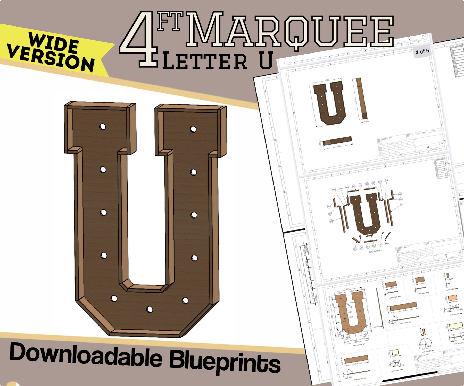 4ft Wide Version Letter U Marquee DIY Build Plans - Etsy