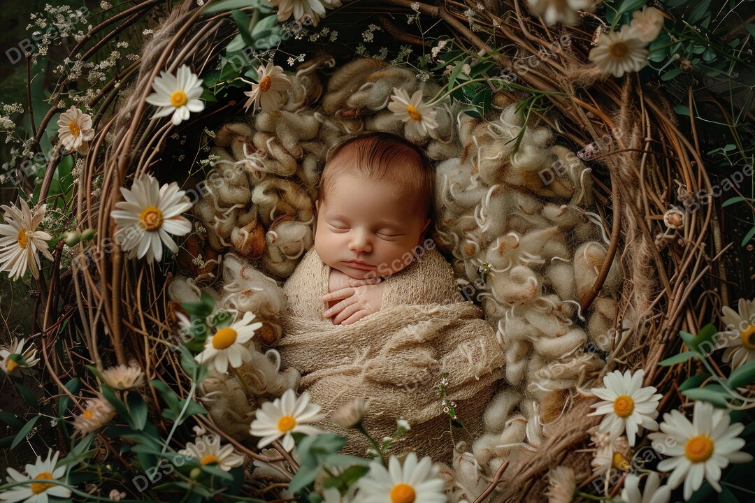Digital Backdrop Newborn Wildflowers Nest, Baby Magical Forest Nest ...