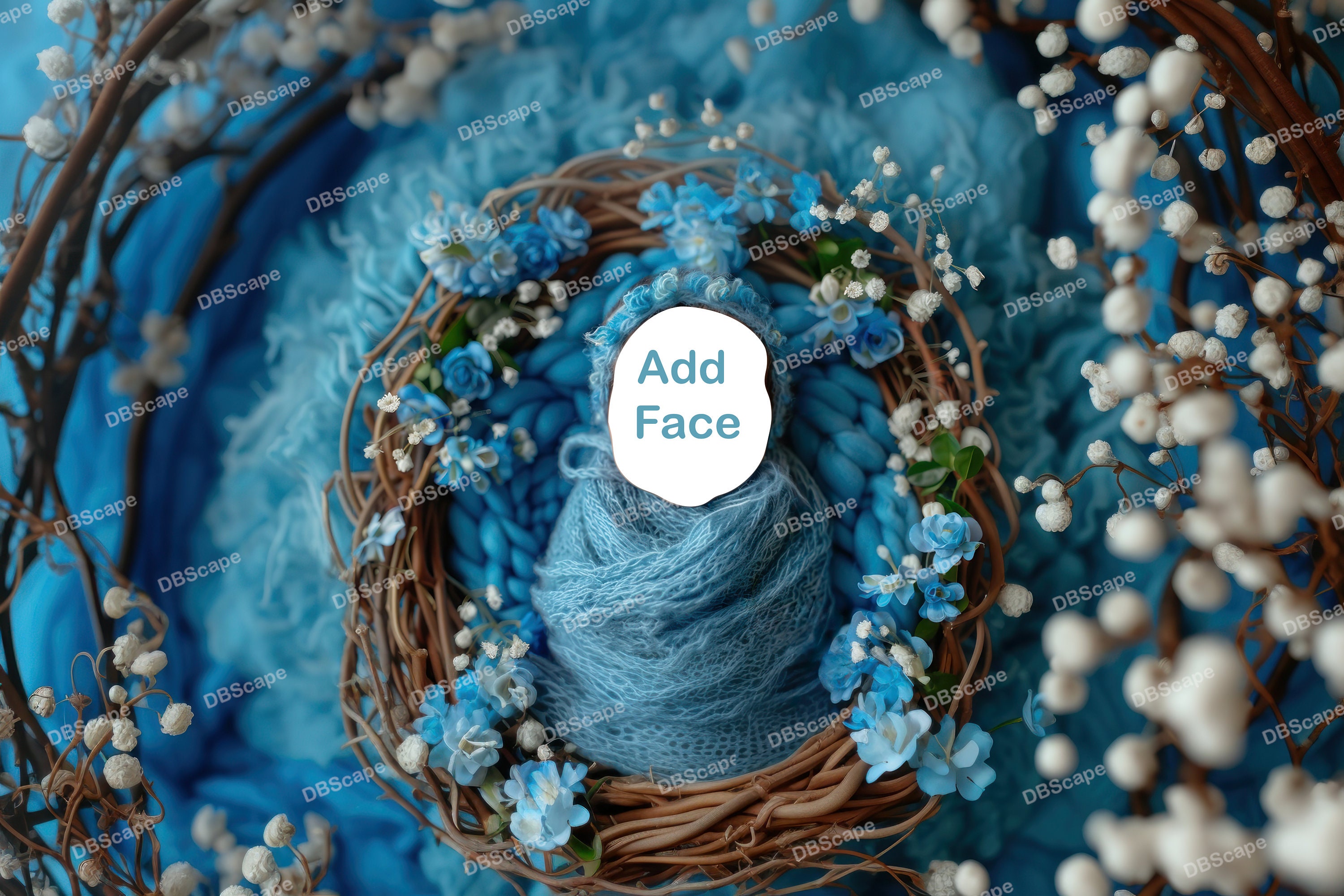 Newborn Digital Backdrops Blue Flower Nest Face Insert, Photo ...