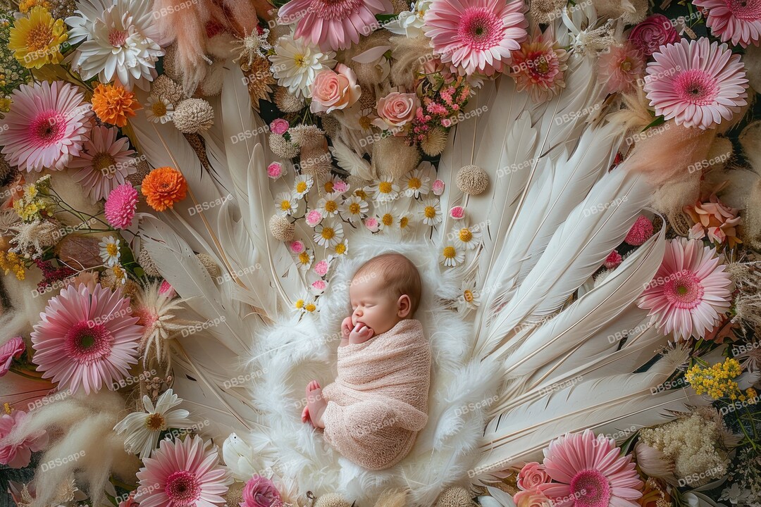 Digital Backdrops Newborn Feather Nest With Wildflowers, Newborn Baby ...