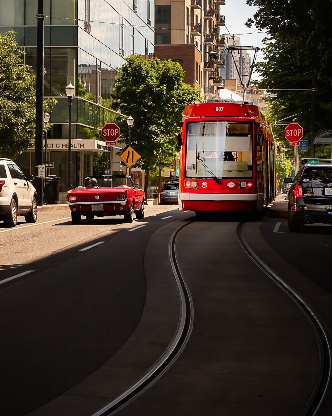 Classic Red Mustang Meets Red Light Rail in Portland Oregon. - Etsy