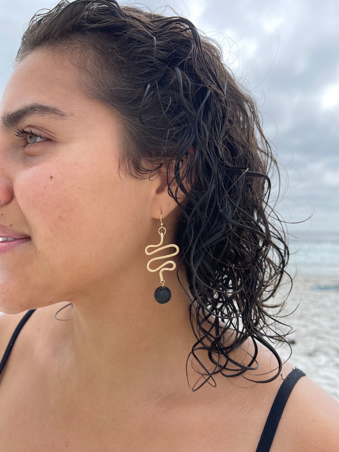 24k Gold Plated Ear Wire Black Coral Earrings, Coral Bead, Wavy Wire ...