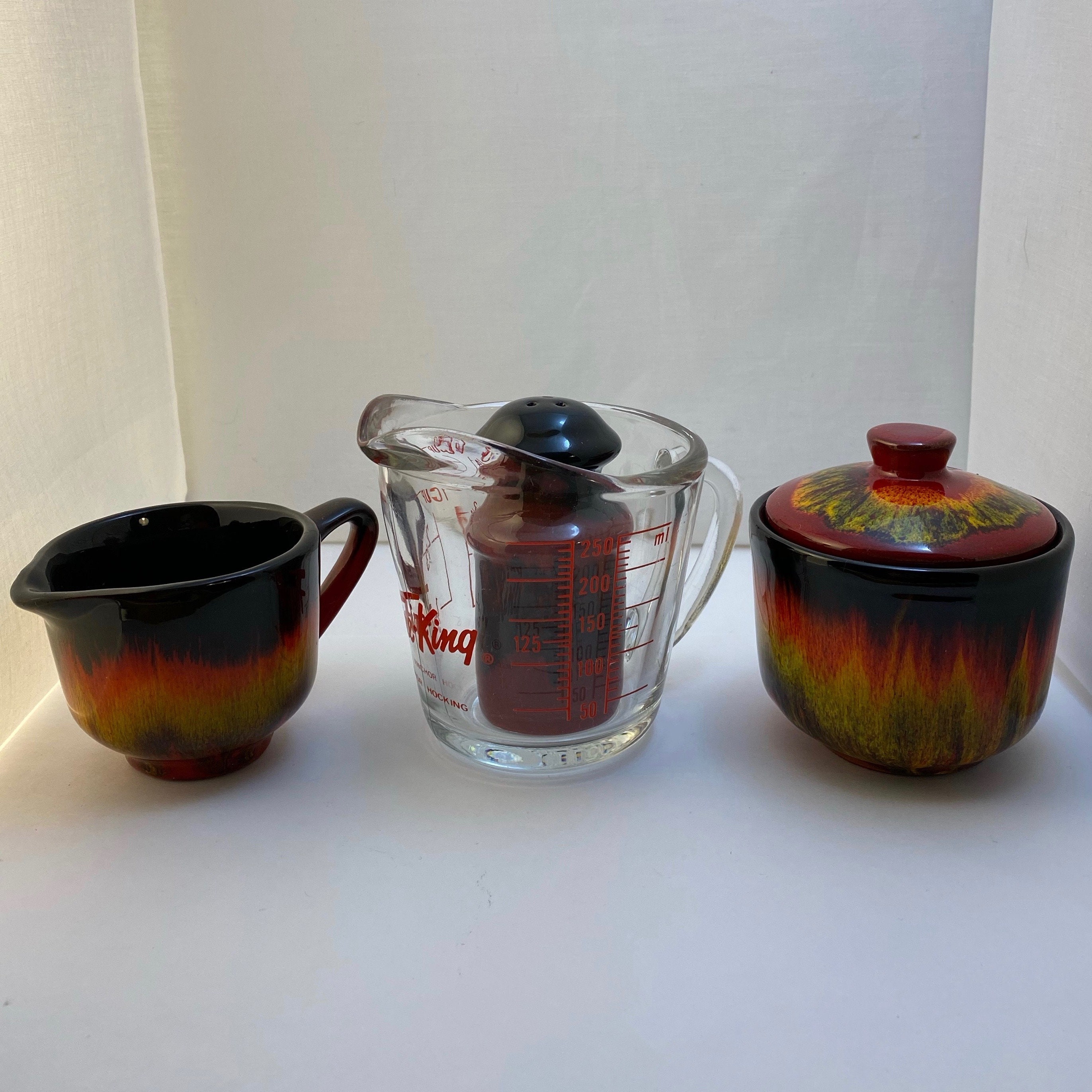 Set of Cream, Sugar Salt and Pepper Pottery Canadian Black, Red and ...