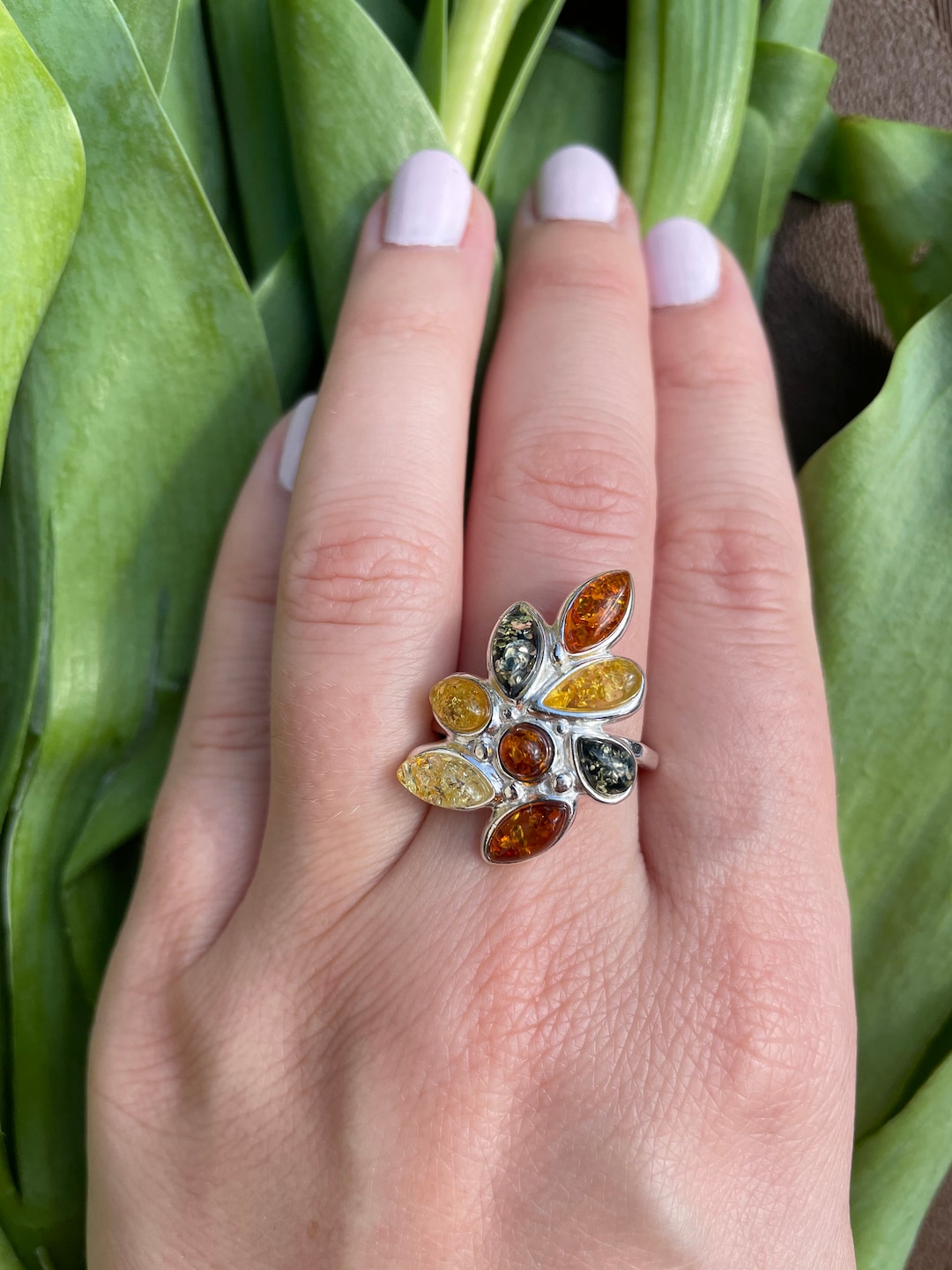 Huge Natural Baltic Amber Ring, Multi Stone, Multi Colored Amber Ring ...