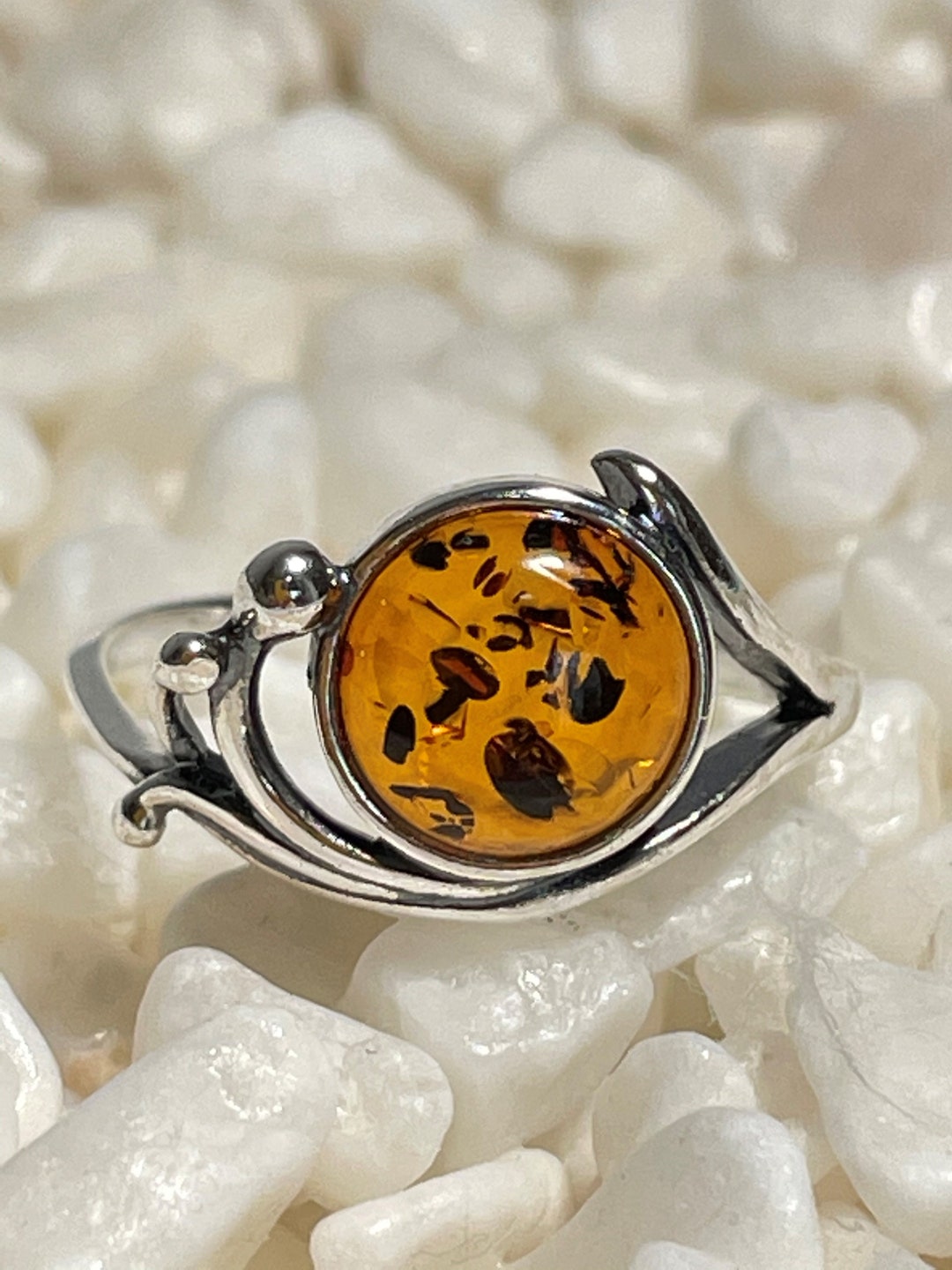 Tiger Eye Amber Ring, Sterling Silver Ring, Natural Baltic Amber Ring ...