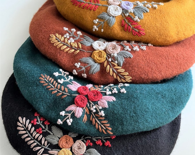 Hand Embroidered 100% Wool Flower French Beret, Custom Embroidered Hat ...